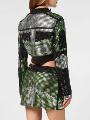 Philipp Plein Cropped Suede Biker Jacket With Rhinestone Embellishments - Green