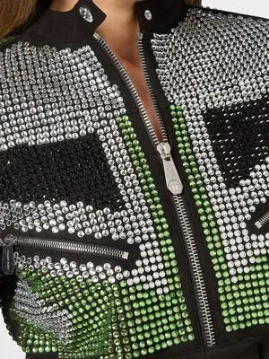 Philipp Plein Cropped Suede Biker Jacket With Rhinestone Embellishments - Green
