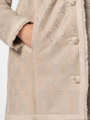 Philipp Plein Single-breasted Shearling Coat With Rhinestone Hexagon Logo - Beige