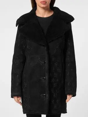 Philipp Plein Single-breasted Shearling Coat With Rhinestone Hexagon Logo - Black