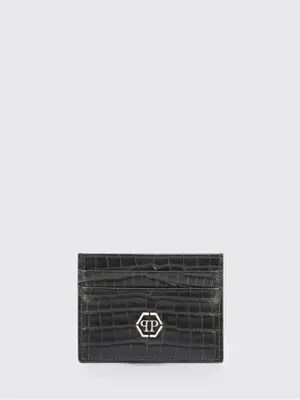 Philipp Plein Calfskin Card Holder With Crocodile Print And Hexagon Logo - Black