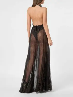 Philipp Plein Long Chiffon Evening Gown With A Halter Neck - Black