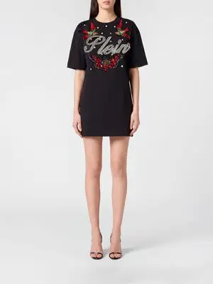 Philipp Plein Sheath Mini Dress With Rhinestone Logo And U-back Neckline - Black