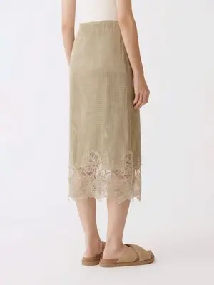 Fabiana Filippi Perforated Suede Midi Skirt With Lace Inserts - Kaki