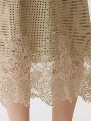 Fabiana Filippi Perforated Suede Midi Skirt With Lace Inserts - Kaki