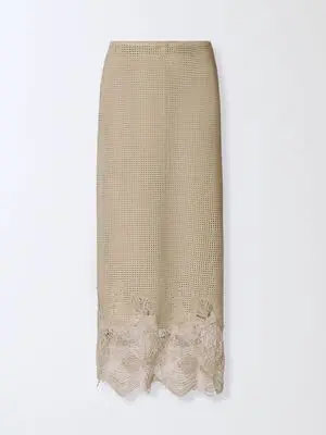 Fabiana Filippi Perforated Suede Midi Skirt With Lace Inserts - Kaki