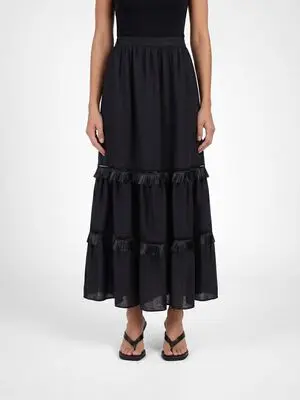 Kiton Linen A-line Midi Skirt With Fringe And Embroidery
