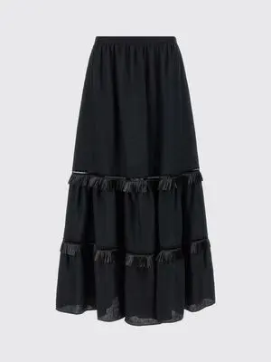 Kiton Linen A-line Midi Skirt With Fringe And Embroidery