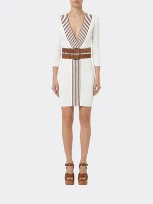 Elisabetta Franchi Striped V-neck Dress With Belt - Ivory