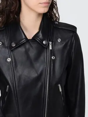 TWINSET Leather Biker Jacket With Asymmetrical Zip And Shoulder Epaulettes