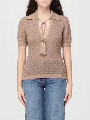 Elisabetta Franchi Viscose And Linen Knit Polo Shirt - Camel