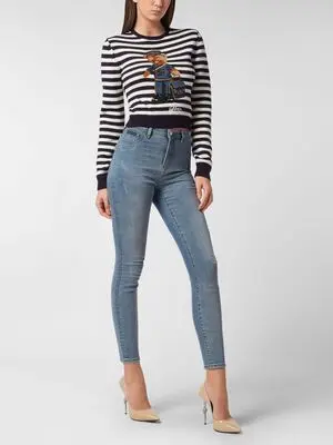 Philipp Plein Cropped Striped Teddy Bear Wool Blend Sweater - Navy
