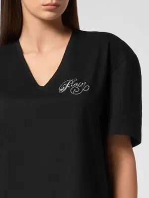 Philipp Plein Cotton V-neck T-shirt With Rhinestone Logo And Fringed Hem - Black