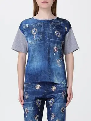 Liu Jo Printed Cotton T-shirts With Denim Effect - Grey