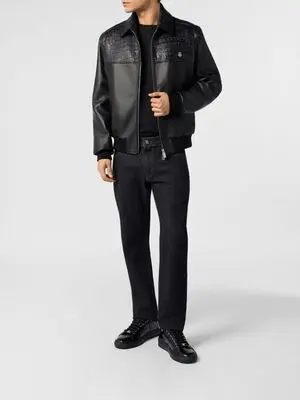 BILLIONAIRE Leather Bomber Jacket With Classic Collar And Zip Closure