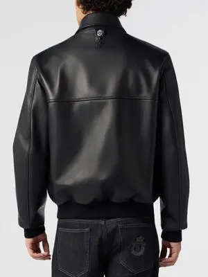 BILLIONAIRE Leather Bomber Jacket With Classic Collar And Zip Closure