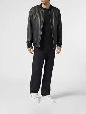 BILLIONAIRE Leather Bomber Jacket With Monogram Pattern And Applied Logo