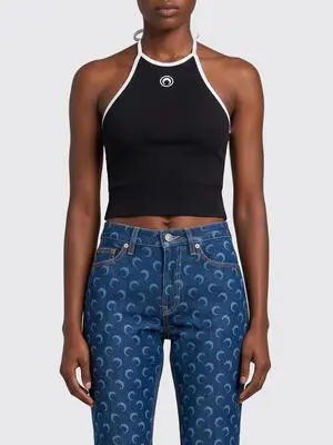 MARINE SERRE Slim Fit Off-shoulder Cropped Cotton Top With Crescent Moon Logo - Black