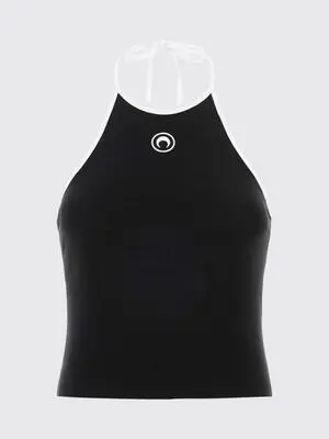 MARINE SERRE Slim Fit Cropped Cotton Top With Crescent Moon Logo - Black