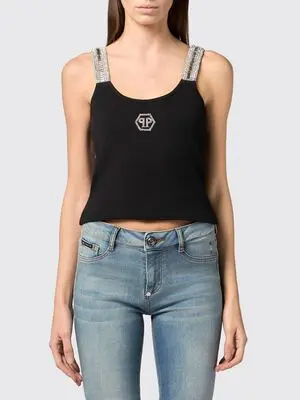 Philipp Plein Cropped Cotton Top With Jewel Straps And Rhinestone Logo - Black