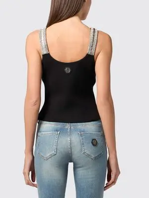 Philipp Plein Cropped Cotton Top With Jewel Straps - Black