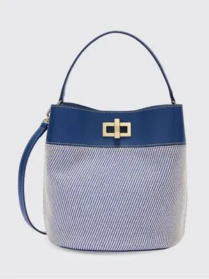 Furla Small Bi Bucket Bag In Canvas And Smooth Calfskin Leather - Blue