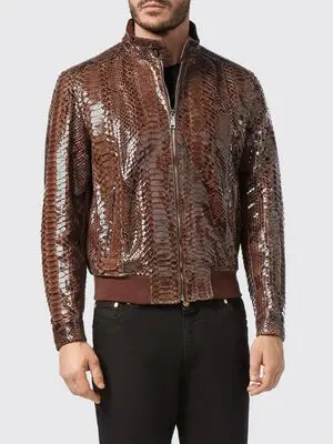 BILLIONAIRE Snakeskin Leather Bomber Jacket With High Collar And Zip Closure - Brown