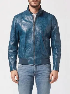BILLIONAIRE Snakeskin Leather Bomber Jacket With High Collar And Zip Closure - Turquoise