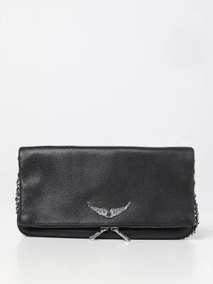 Zadig&Voltaire Leather Clutch With Silver Tone Wing Embellishment And Chain Strap - Black