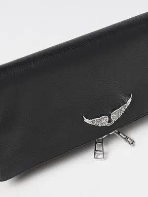 Zadig&Voltaire Leather Clutch With Silver Tone Wing Embellishment And Chain Strap - Black