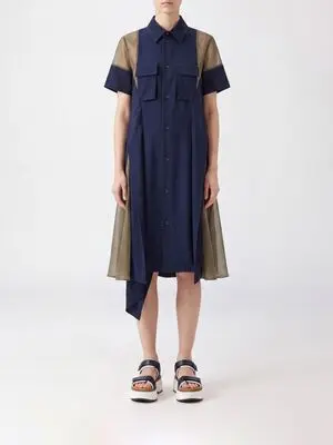 Sacai Cotton Blend Chemisier Dress - Navy