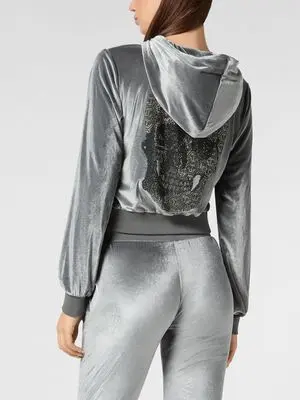 Philipp Plein Cropped Velvet Hoodie With Skull Rhinestones - Grey