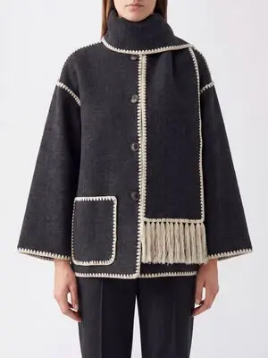 TOTEME Textured Coat With Fringe Scarf Detail - Grey