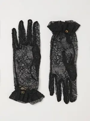 Valentino Garavani Lace Gloves With Floral Embroidery And Metallic Vlogo Signature - Black