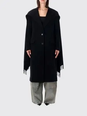 Attico Long Single-breasted Wool And Cashmere Coat With Fringes And Shawl Collar - Black
