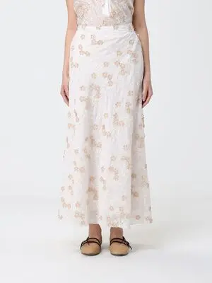 HANITA Viscose Blend Long Skirt With Floral Embroidery - Beige