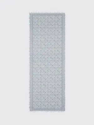 Tory Burch Monogram Wool And Silk Blend Scarf With Fringed Edges - Blue