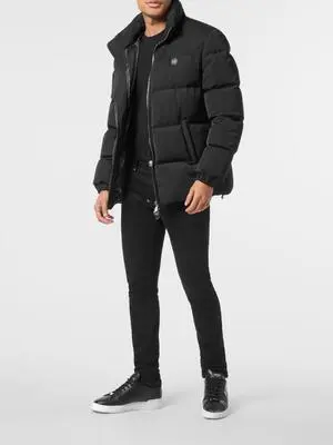 Philipp Plein Nylon Down Jacket With Logo And Slogan - Black