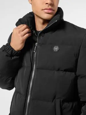 Philipp Plein Nylon Down Jacket With Logo And Slogan - Black