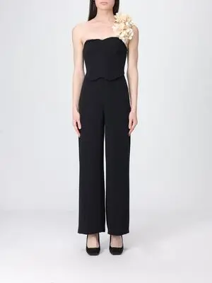 H COUTURE Polyester Crêpe Off-the-shoulder Jumpsuit With Flower Appliqu - Black