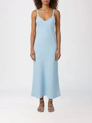 Pinko Long Slip Dress In Linen Blend With Thin Straps And Studs - Blue