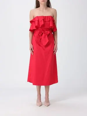 HANITA Cotton Poplin Midi Dress With Ruffles - Red