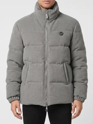 Philipp Plein Wool Down Jacket With Logo And Slogan - Grey