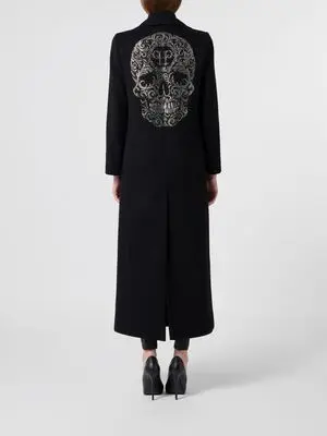 Philipp Plein Long Double-breasted Wool Coat With Skull Print And Crystals