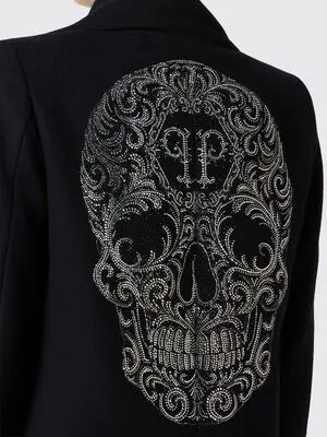 Philipp Plein Long Double-breasted Wool Coat With Skull Print And Crystals