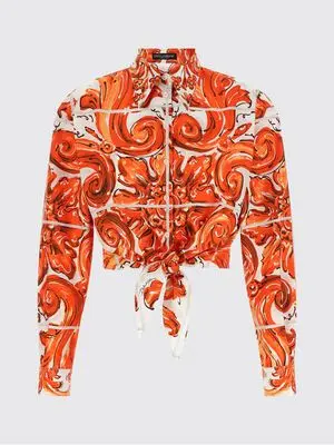 Dolce & Gabbana Cropped Cotton Shirt With Maioliche Print And Front Tie
