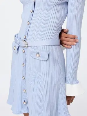 SELF-PORTRAIT Ribbed Knit Wool Blend Mini Shirt Dress With Belt