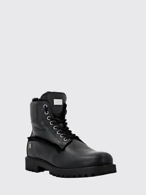 Philipp Plein Tumbled Leather Combat Boots With Pony Hair Inserts And Skull Appliqu