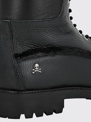 Philipp Plein Tumbled Leather Combat Boots With Pony Hair Inserts And Skull Appliqu
