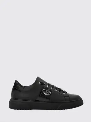 Philipp Plein Low-top Sneakers In Smooth Leather With Applied Side Logo - Black